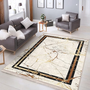 Gold and Beige Marble Pattern Rug|non-slip Luxury Framed Living Room ...