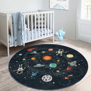 Space Themed Cute Kid's Rug|adventurous Astronaut Childen's Mat|navy ...