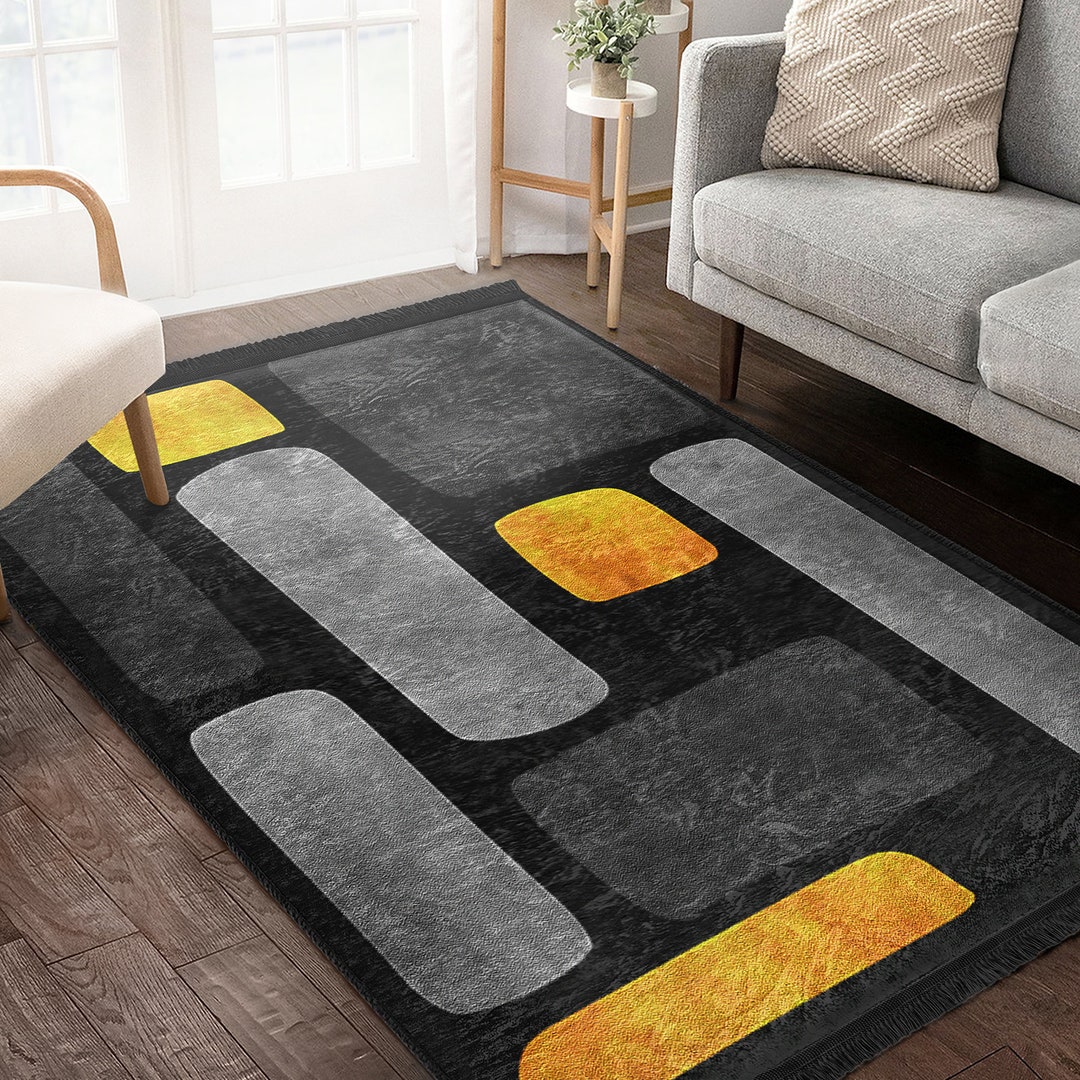 Black Rectangle Area Rug|non-slip Yellow Rug|abstract Gray Carpet ...