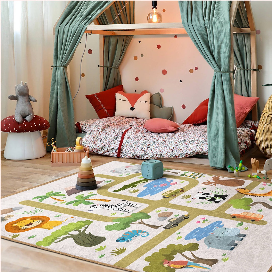 Anti-slip Zoo Themed Rug|animals Kingdom Nursery Rug|road Play Rug|road ...