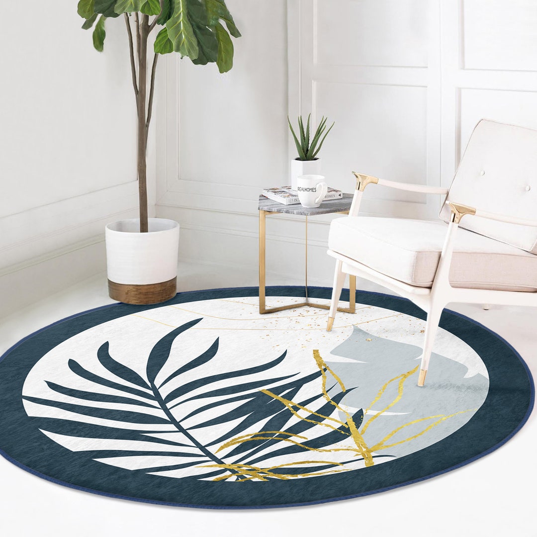Navy Blue Round Area Rug|one Line Drawing Leaf Pattern Rug|anti-slip ...