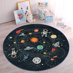 Space Themed Cute Kid's Rug|adventurous Astronaut Childen's Mat|navy ...