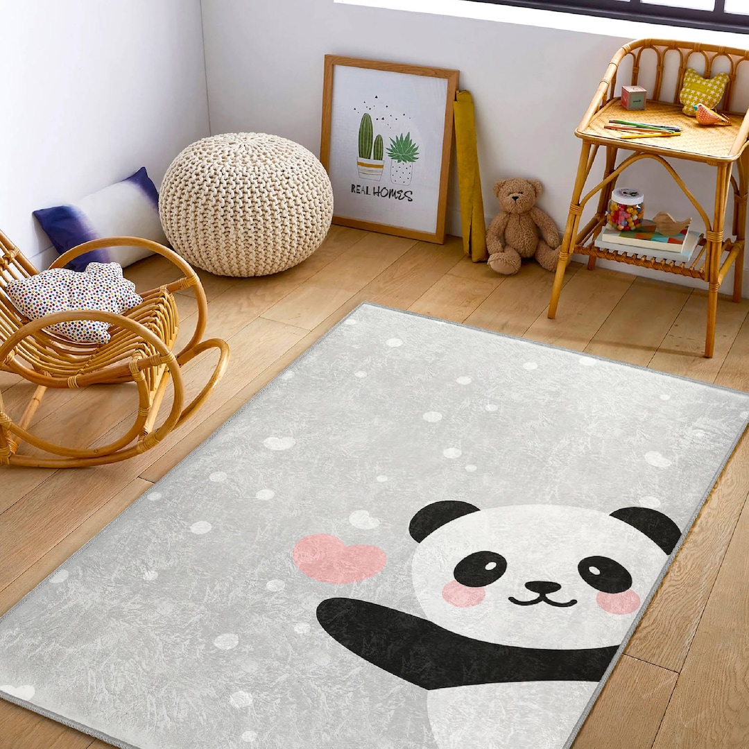 Panda Pattern Baby Rug|gray Kids Room Rug|polka-dot Kid's Carpet ...