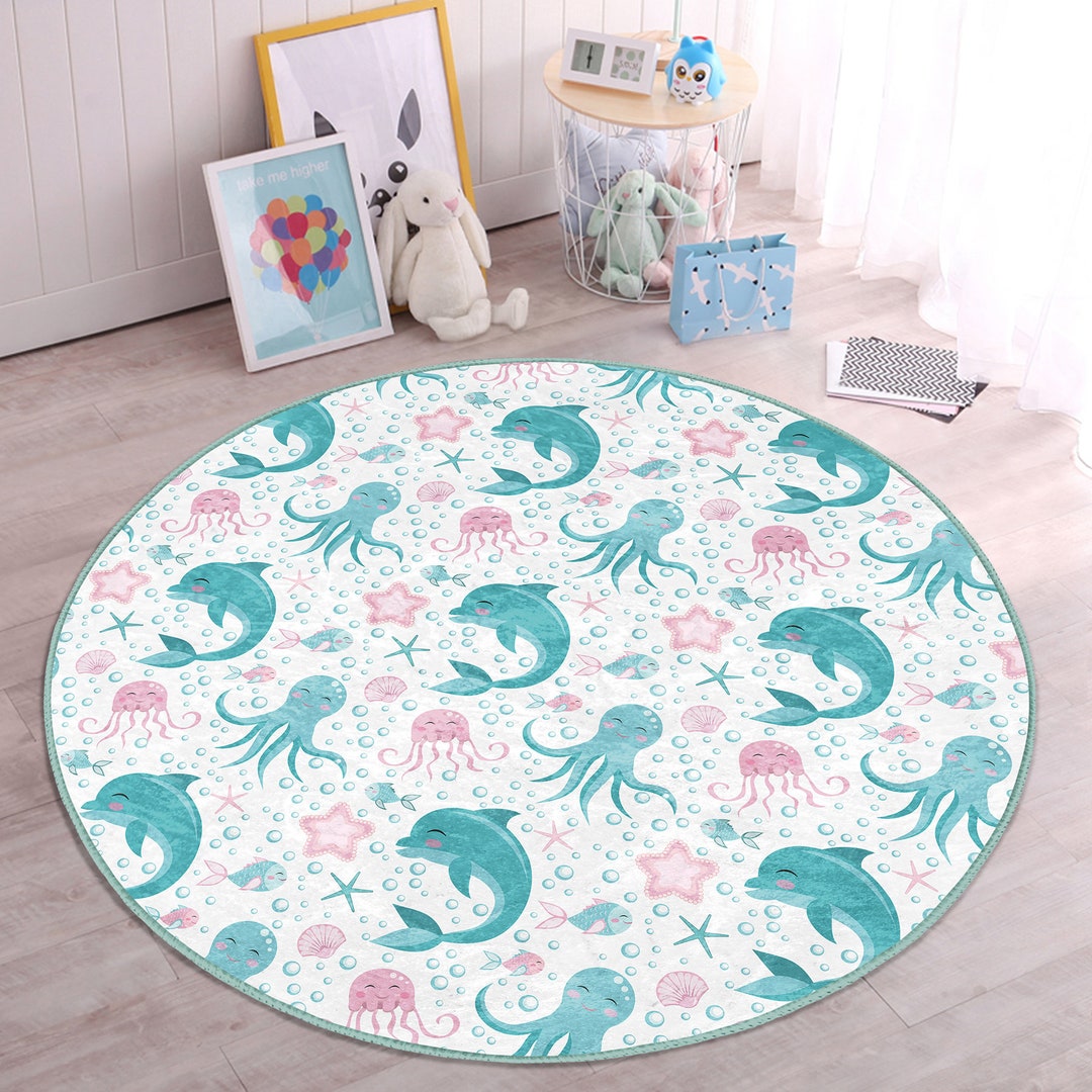 Underwater Themed Dolphin Baby Room Rug|best Nursery Mat|round Kid's ...