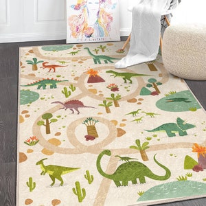 Dinosaurs Themed Washable Kid's Room Rug|forest Road Nursery Play Mat ...