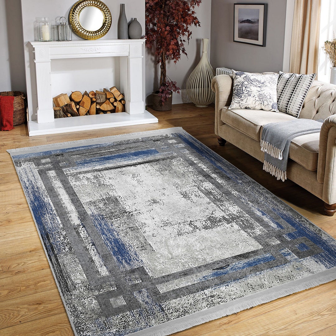 Blue and Gray Rectangle Area Rug|framed Kitchen Rug|tumbled Living Room ...