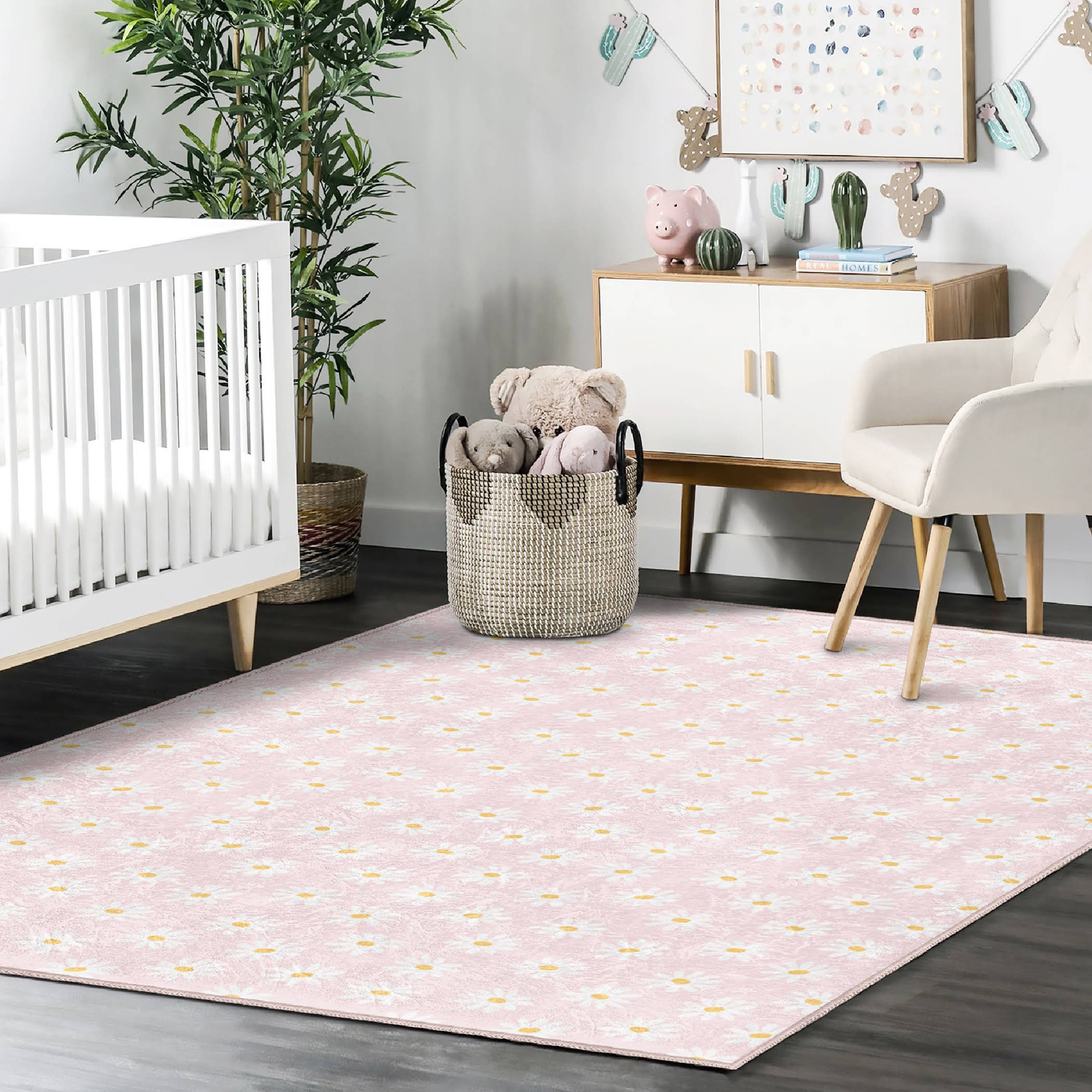 Daisy Pattern Rectangle Rug|floral Area Rug|pink Kids Rug|flowers ...