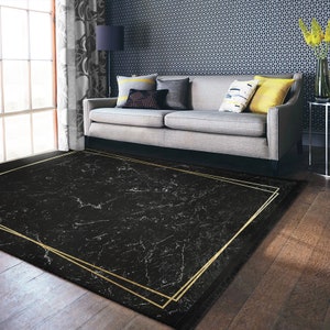 Marble Pattern Black Area Ruggold Framed Living Room Rugfringed ...