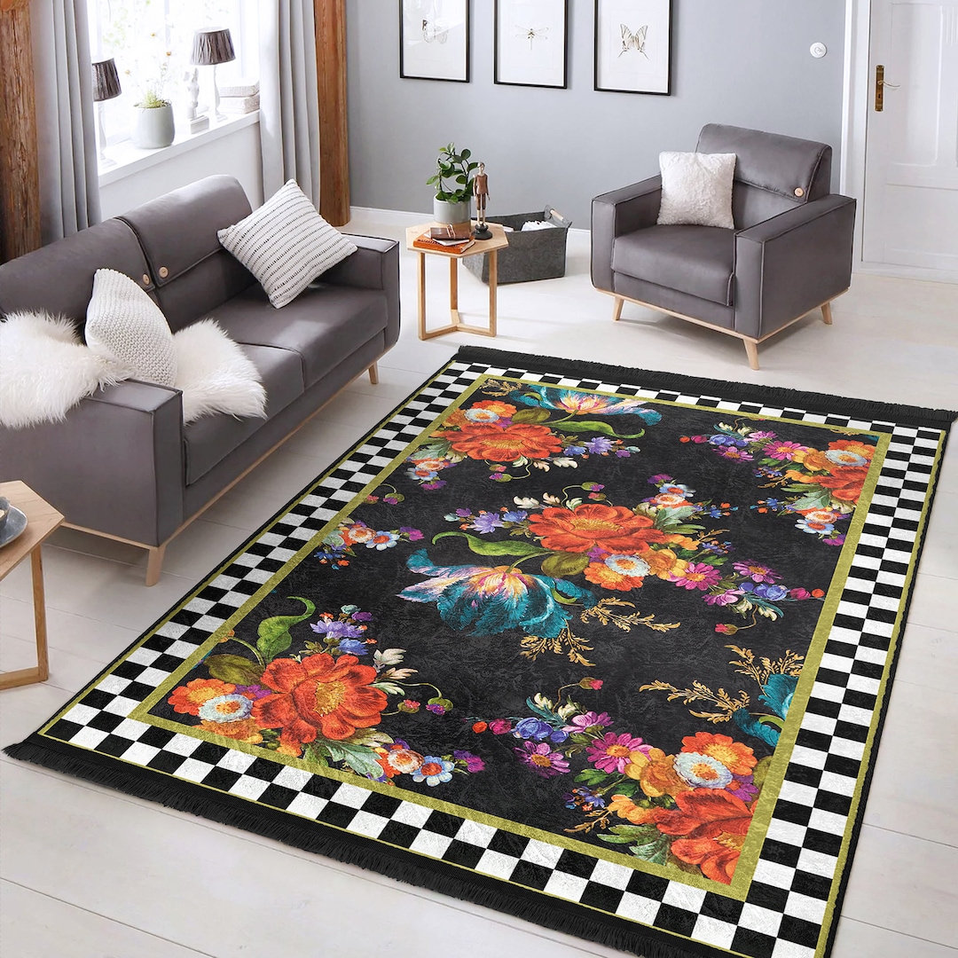 Flower Pattern Black Rug|anti-slip Dama Print Living Room Rug|fringed ...