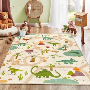 Dinosaurs Themed Washable Kid's Room Rug|forest Road Nursery Play Mat ...
