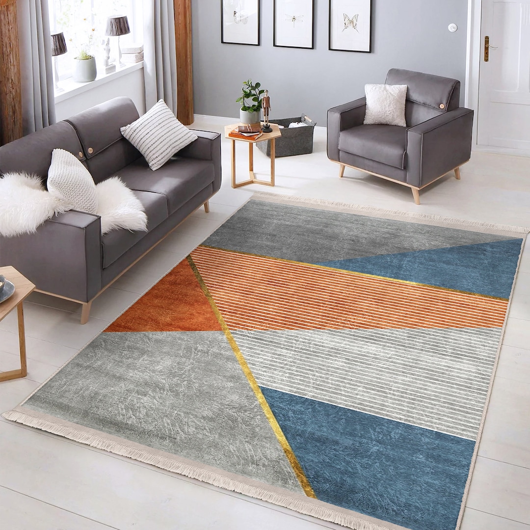 Anti-slip Multicolored Area Rugs|navy Blue Geometric Rugs|orange Dining ...