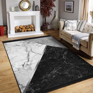Marble Pattern Black Living Room Rug|fringed Carpet|washable Doorway ...