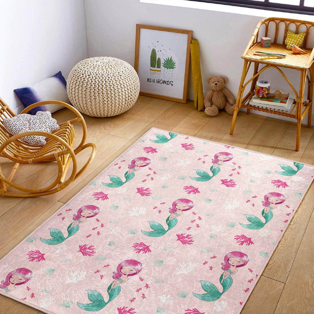 Beautiful Mermaid Rug|rectangle Girls Room Rug|washable Pink Nursery ...