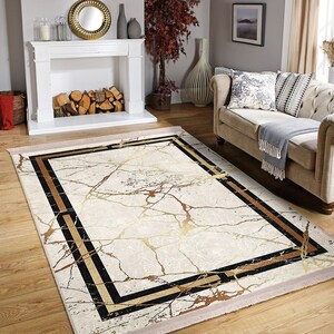 Gold and Beige Marble Pattern Rug|non-slip Luxury Framed Living Room ...