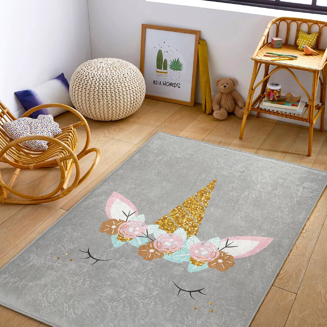 Unicorn Gold Glitter Nursery Mat|rectangle Girls Rugs|gray Kid's Rugs ...