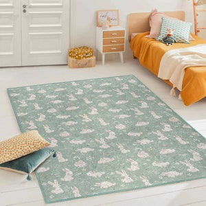 Bunny in the Forest Green Baby Room Rug|bestselling Kids Room Rugs ...