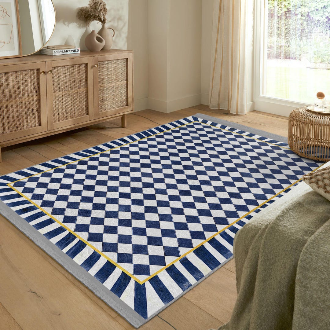 Navy Blue Checkered Rug|dama Runner Rug|white Rugs|non-slip Rugs ...