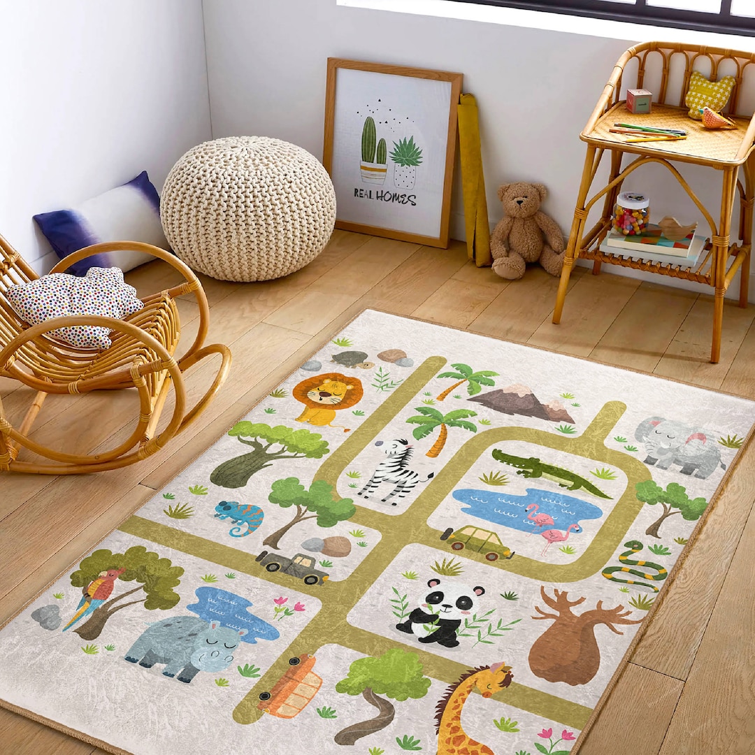 Anti-slip Zoo Themed Rug|animals Kingdom Nursery Rug|road Play Rug|road ...