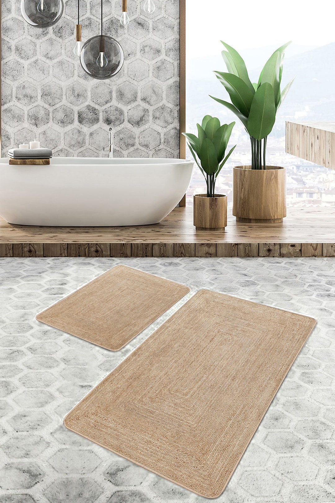 Anti-slip Wicker Pattern Bathroom Mat Set|beige Bath Mat Set of 2 ...