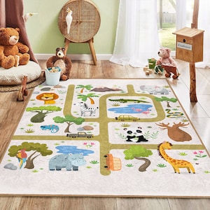 Anti-slip Zoo Themed Rug|animals Kingdom Nursery Rug|road Play Rug|road ...