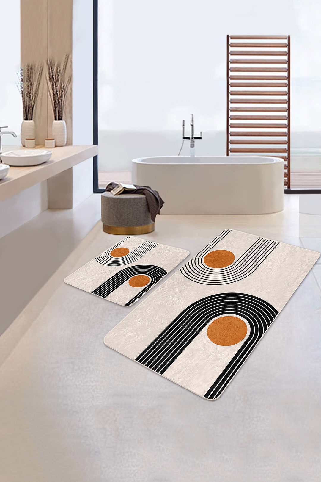 Striped Bathroom Rug|beige Bath Mats|abstract Bathroom Decor|washable ...