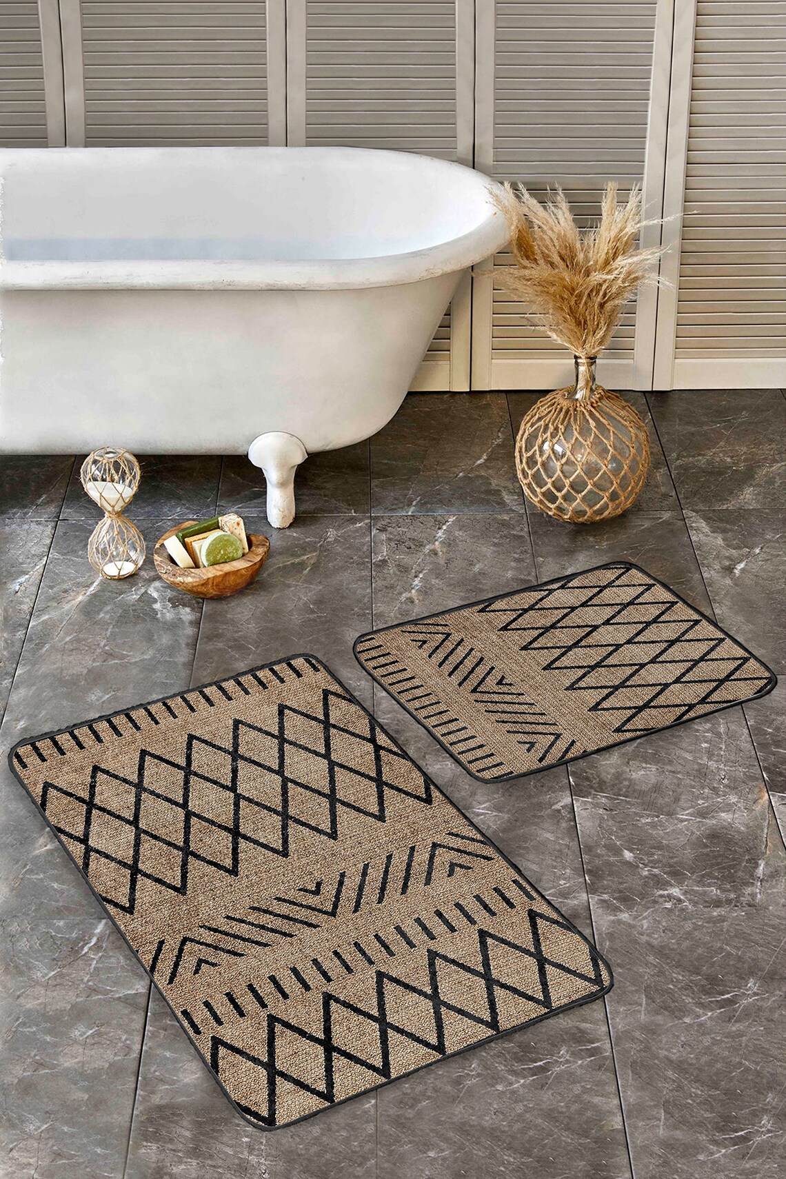 Anti-slip Black Striped Wicker Pattern Bathroom Mat Set|beige Bath Mat ...