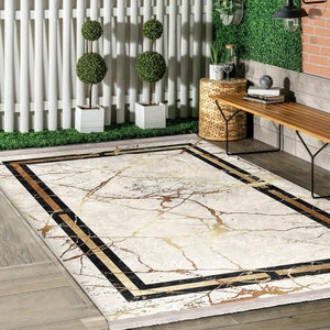 Gold and Beige Marble Pattern Rug|non-slip Luxury Framed Living Room ...