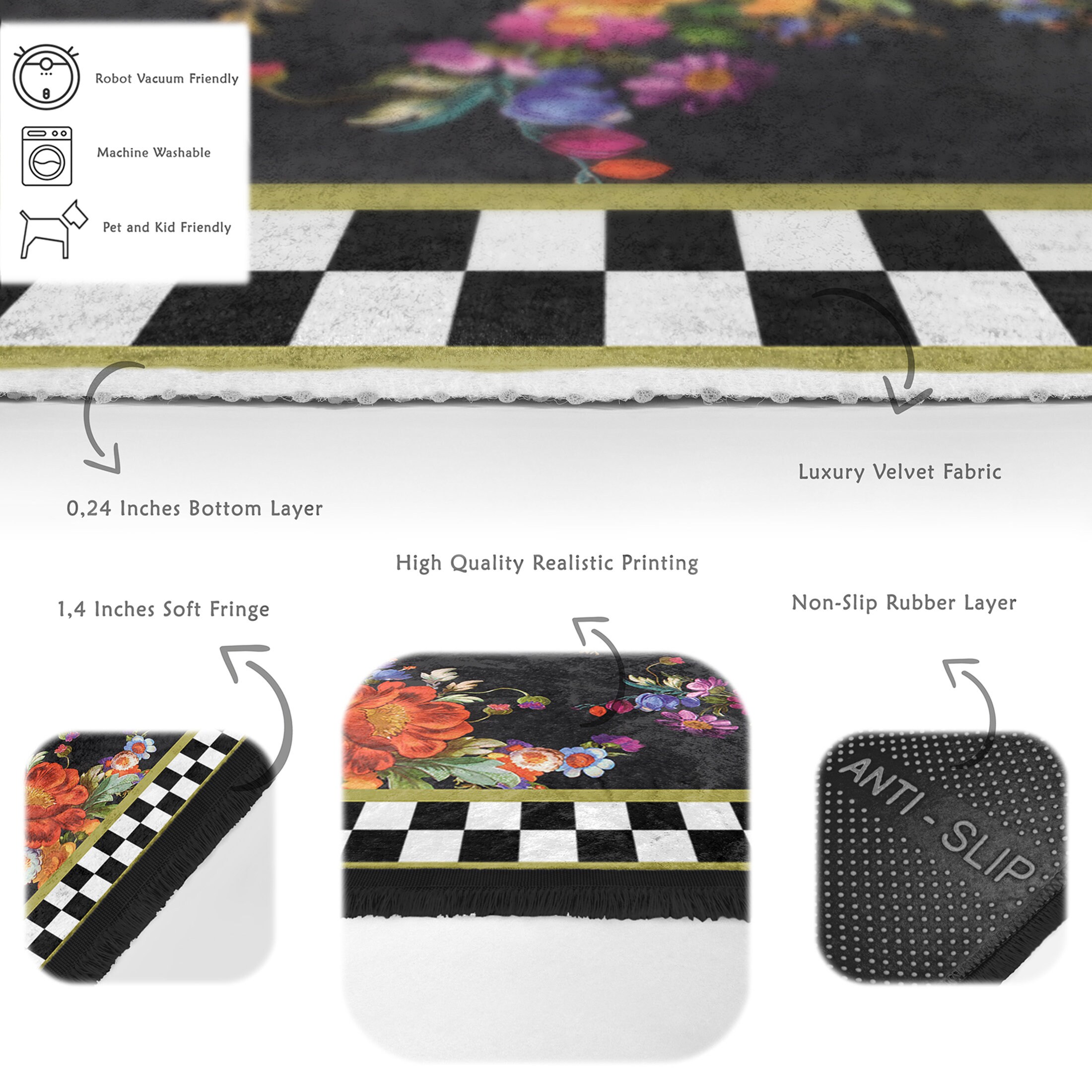 Flower Pattern Black Rug|anti-slip Dama Print Living Room Rug|fringed ...