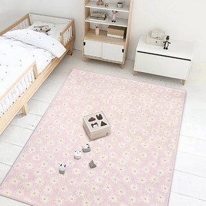 Daisy Pattern Rectangle Rug|floral Area Rug|pink Kids Rug|flowers ...