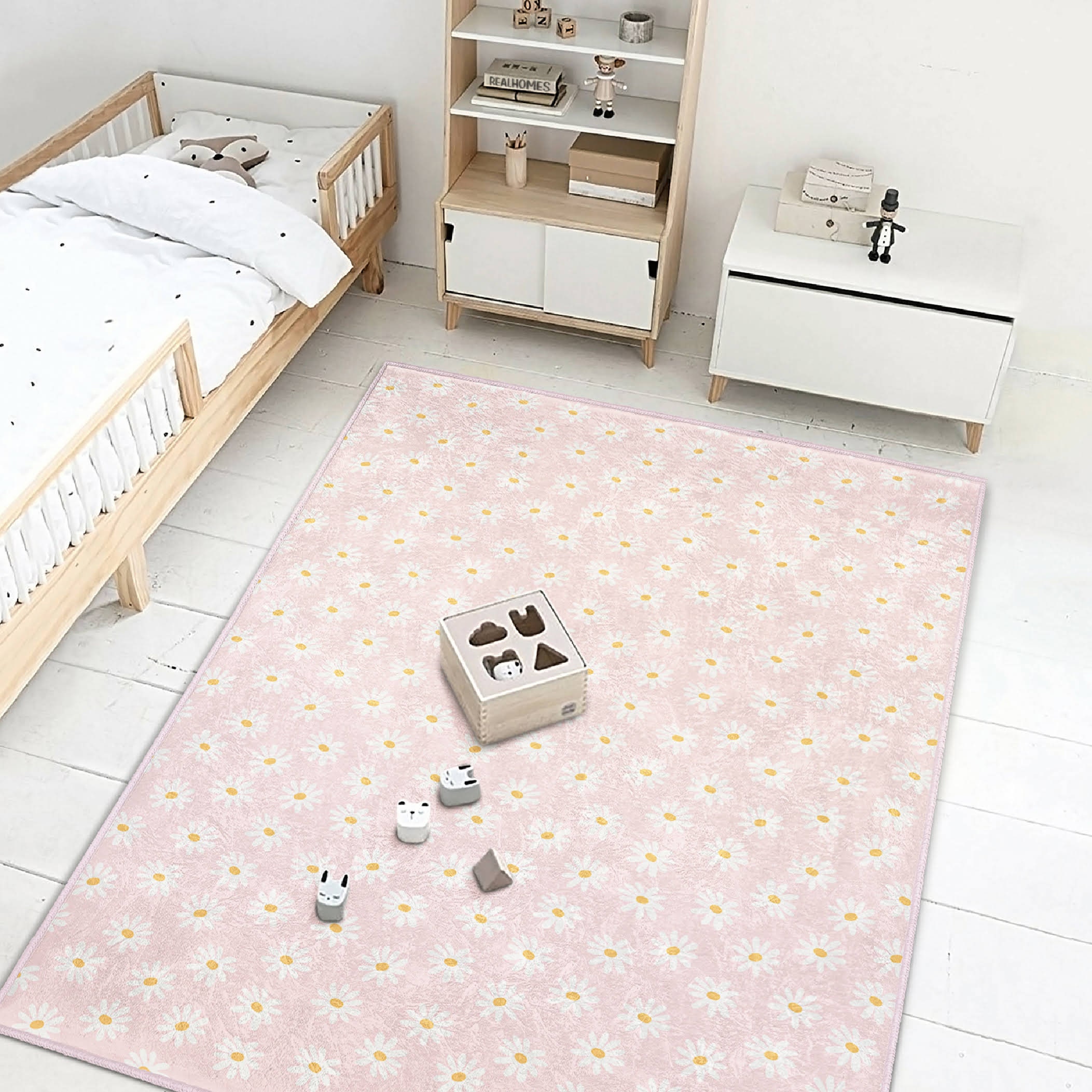 Daisy Pattern Rectangle Rug|floral Area Rug|pink Kids Rug|flowers ...