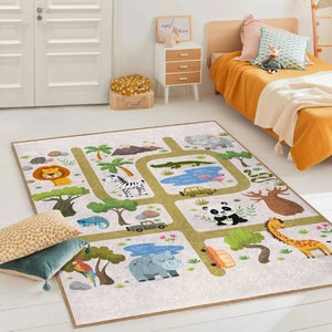 Anti-slip Zoo Themed Rug|animals Kingdom Nursery Rug|road Play Rug|road ...