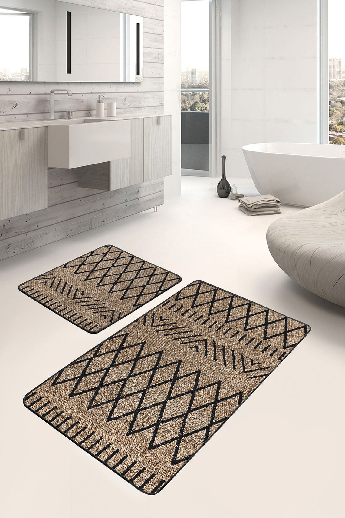 Anti-slip Black Striped Wicker Pattern Bathroom Mat Set|beige Bath Mat ...