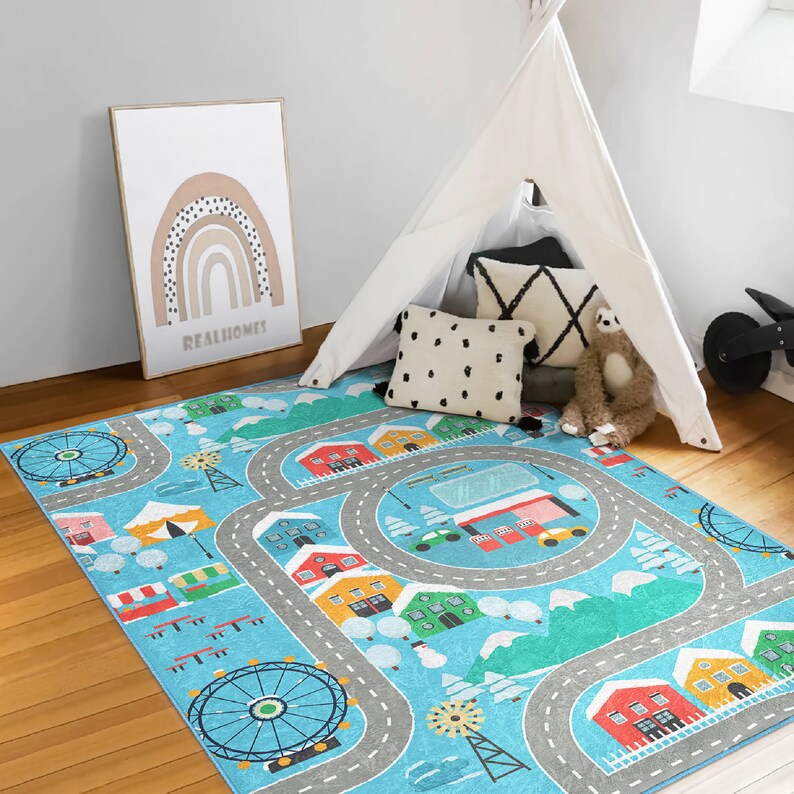 City Road Play Mat|blue Playroom Rug|traffic Play Mat|road Rug Nursery ...