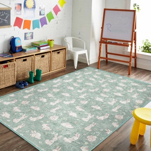 Bunny in the Forest Green Baby Room Rug|bestselling Kids Room Rugs ...