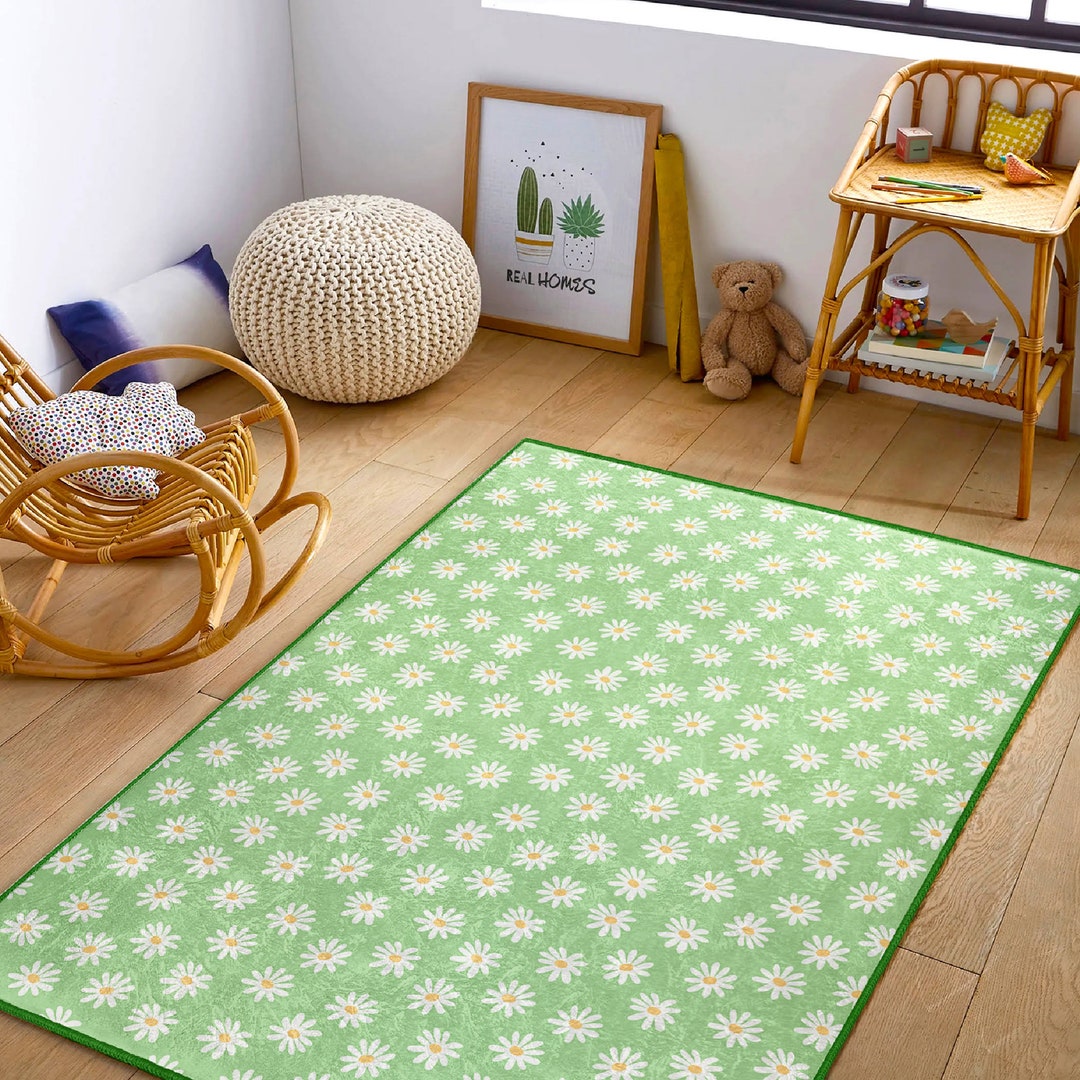 Non-slip Daisy Pattern Rug|floral Area Rug|green Kids Rug|flowers ...