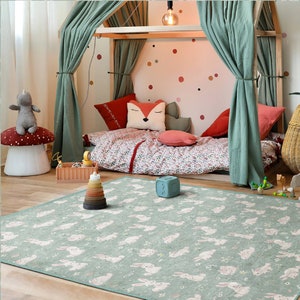 Bunny in the Forest Green Baby Room Rug|bestselling Kids Room Rugs ...