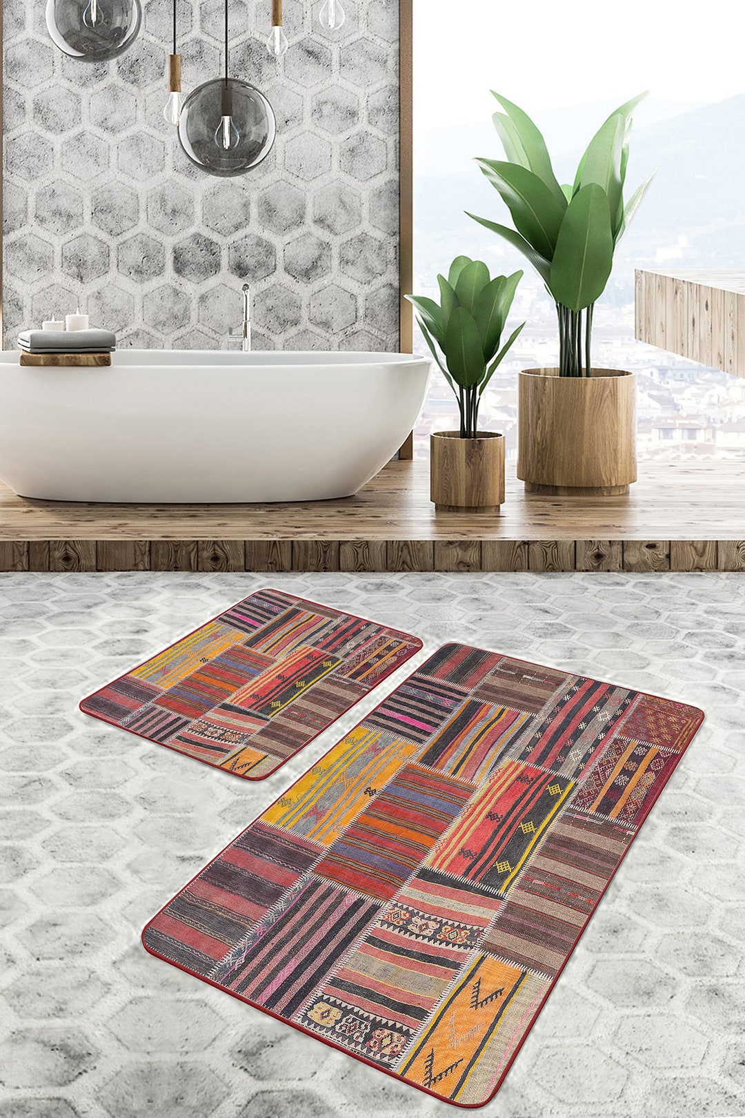 Patchwork Bath Mat Set of 2|authentic Soft Kitchen Mat Set|non Slip ...