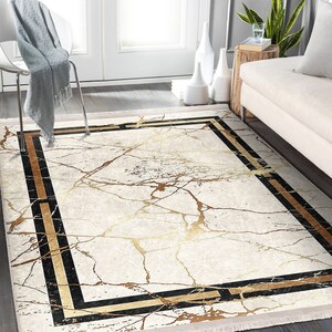 Gold and Beige Marble Pattern Rug|non-slip Luxury Framed Living Room ...