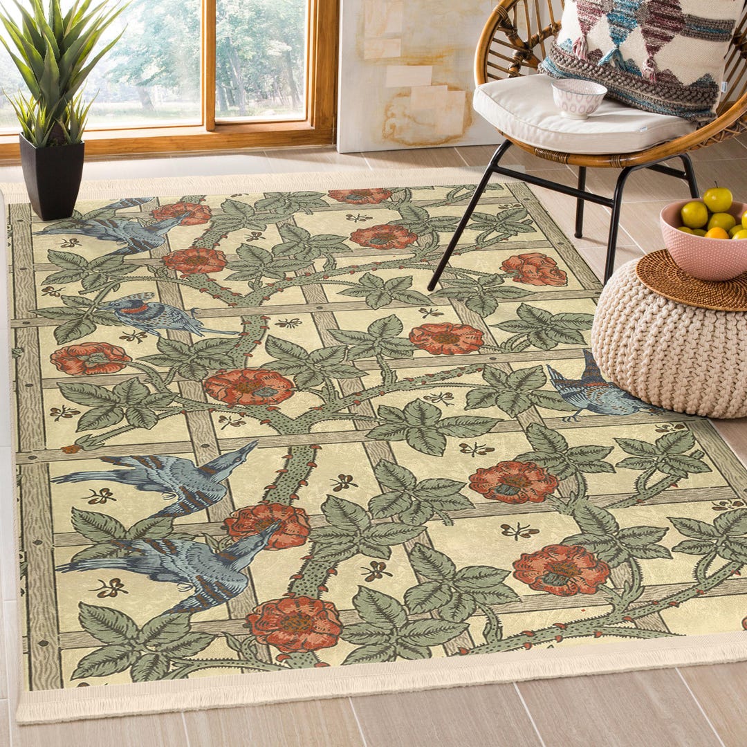 Nouveau Floral Rug|morris Style Rug|blue Bird Carpet|washable Rectangle ...