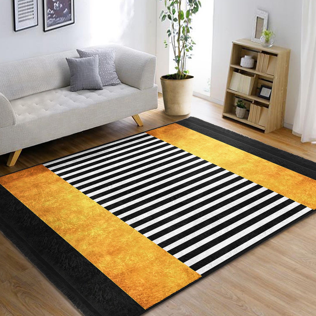 Black Striped Rectangle Area Rugnon-slip Yellow Rugabstract Modern ...