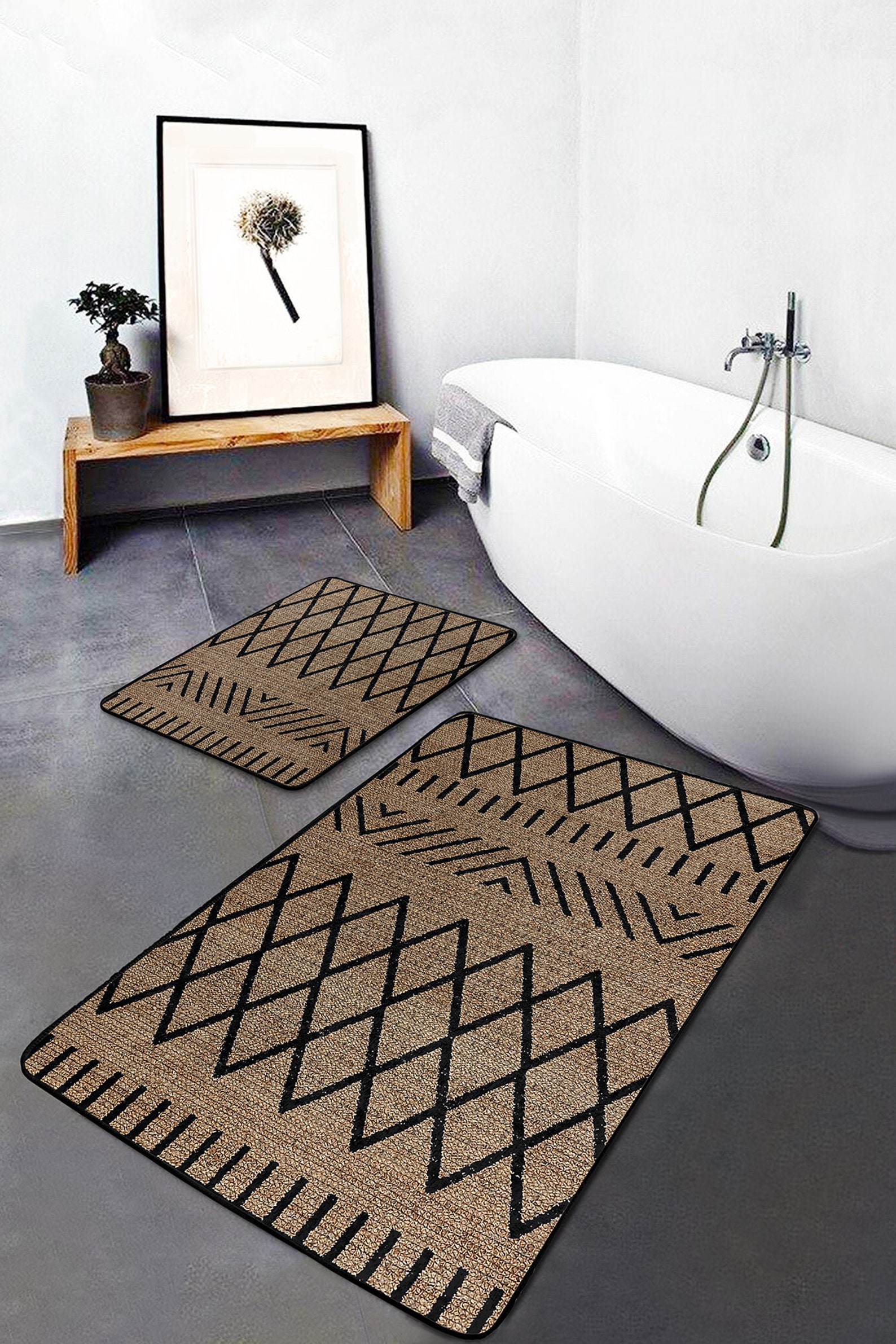 Anti-slip Black Striped Wicker Pattern Bathroom Mat Set|beige Bath Mat ...