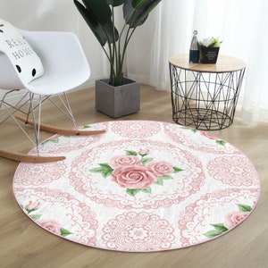 Round Rose Carpet|non-slip Pink Flowers Area Rug|washable Kitchen Door ...