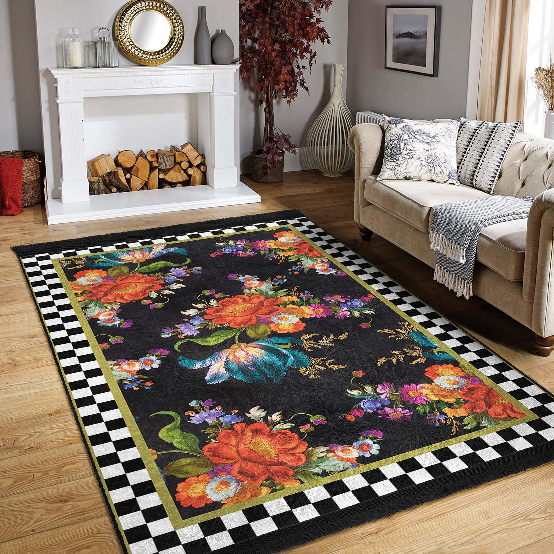 Flower Pattern Black Rug|anti-slip Dama Print Living Room Rug|fringed ...