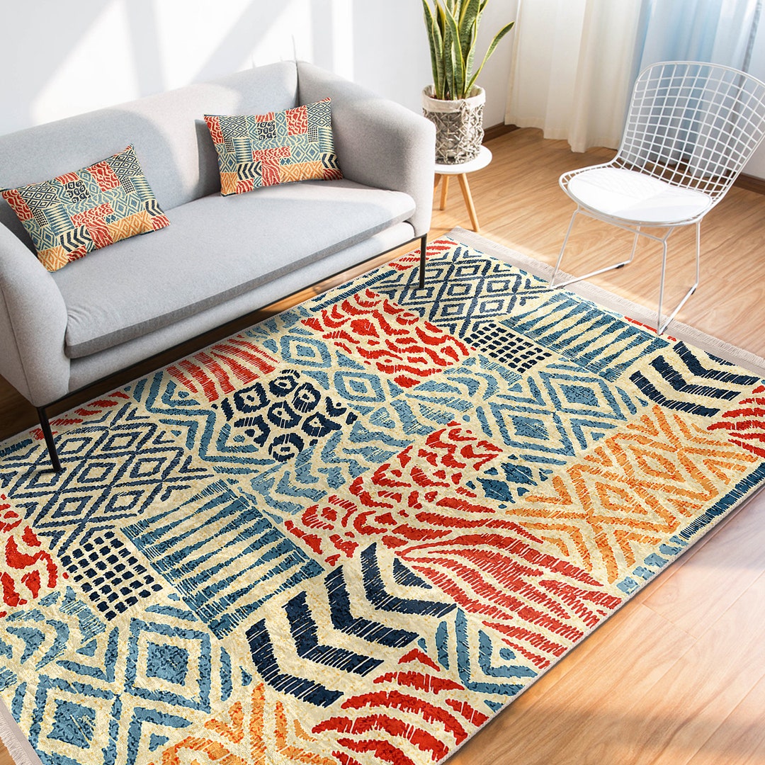 Navy Blue Pattern Area Rug|geometric Orange Living Room Rug|soft Area ...