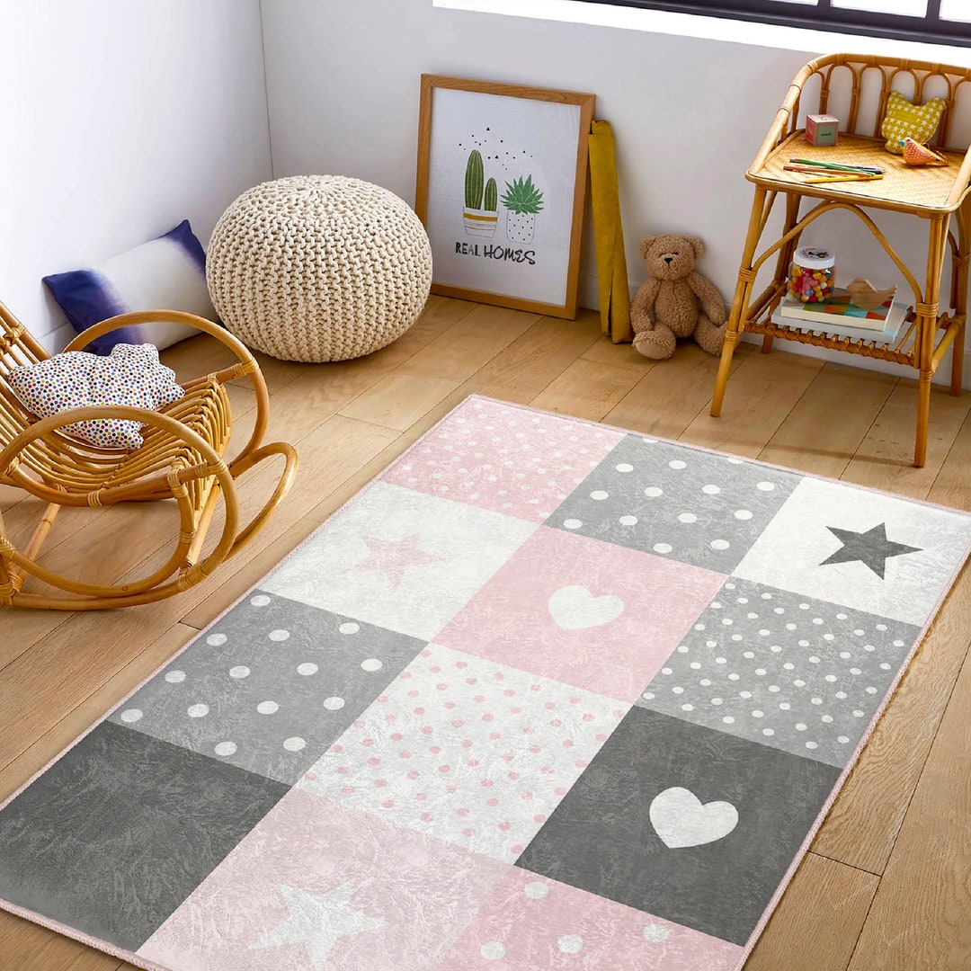 Patchwork Nursery Mat|pink Baby Room Rug|gray Kids Rugs|anti-slip ...