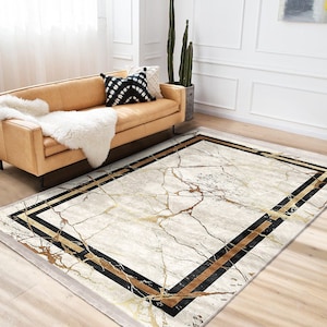 Gold and Beige Marble Pattern Rug|non-slip Luxury Framed Living Room ...