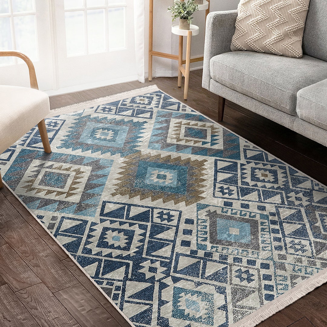 Aztec Print Blue Area Rug|native American Rug|washable Saloon Rugs|anti ...