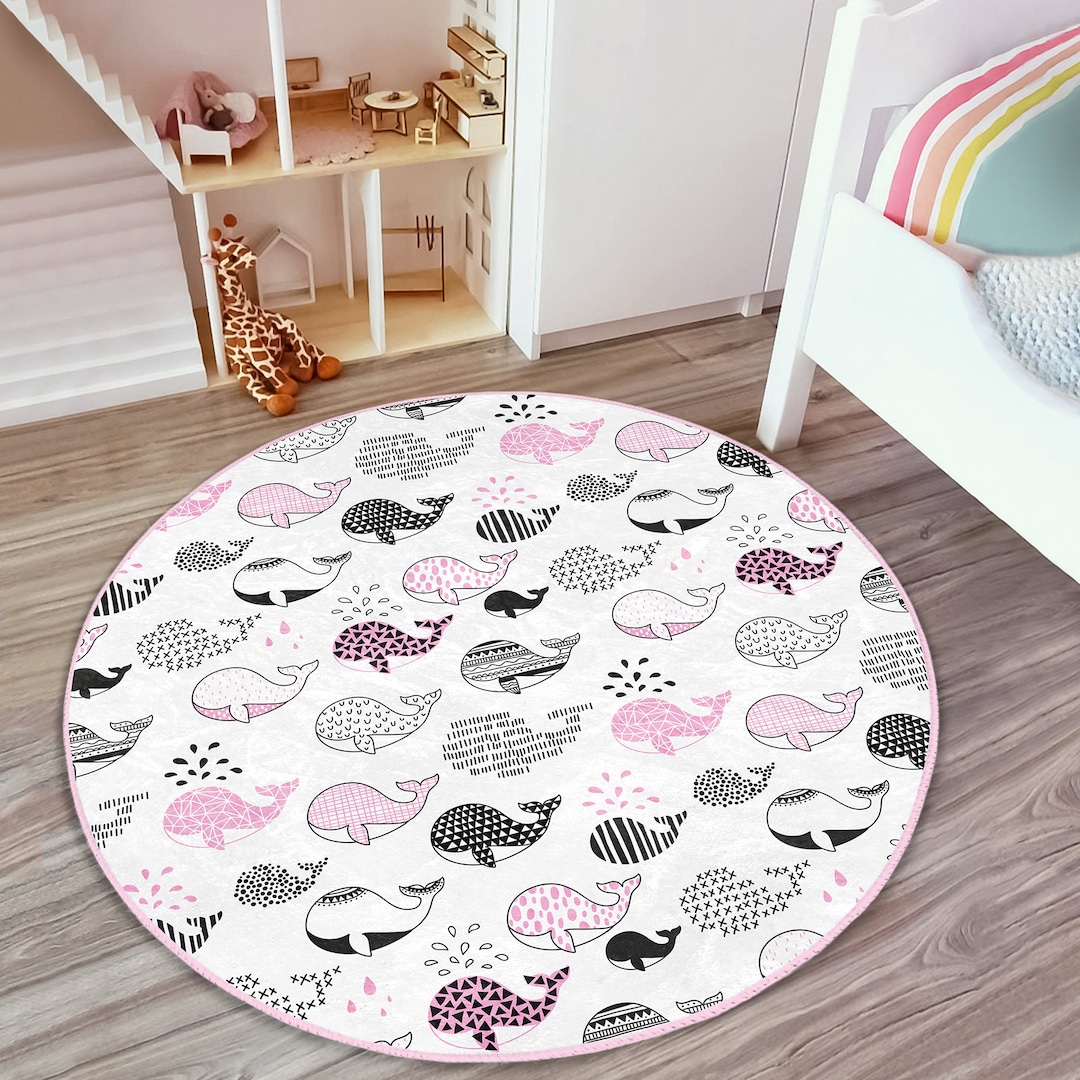 Dolphin Pattern Round Rug|marine Themed Baby Room Rug|nautical Nursery ...