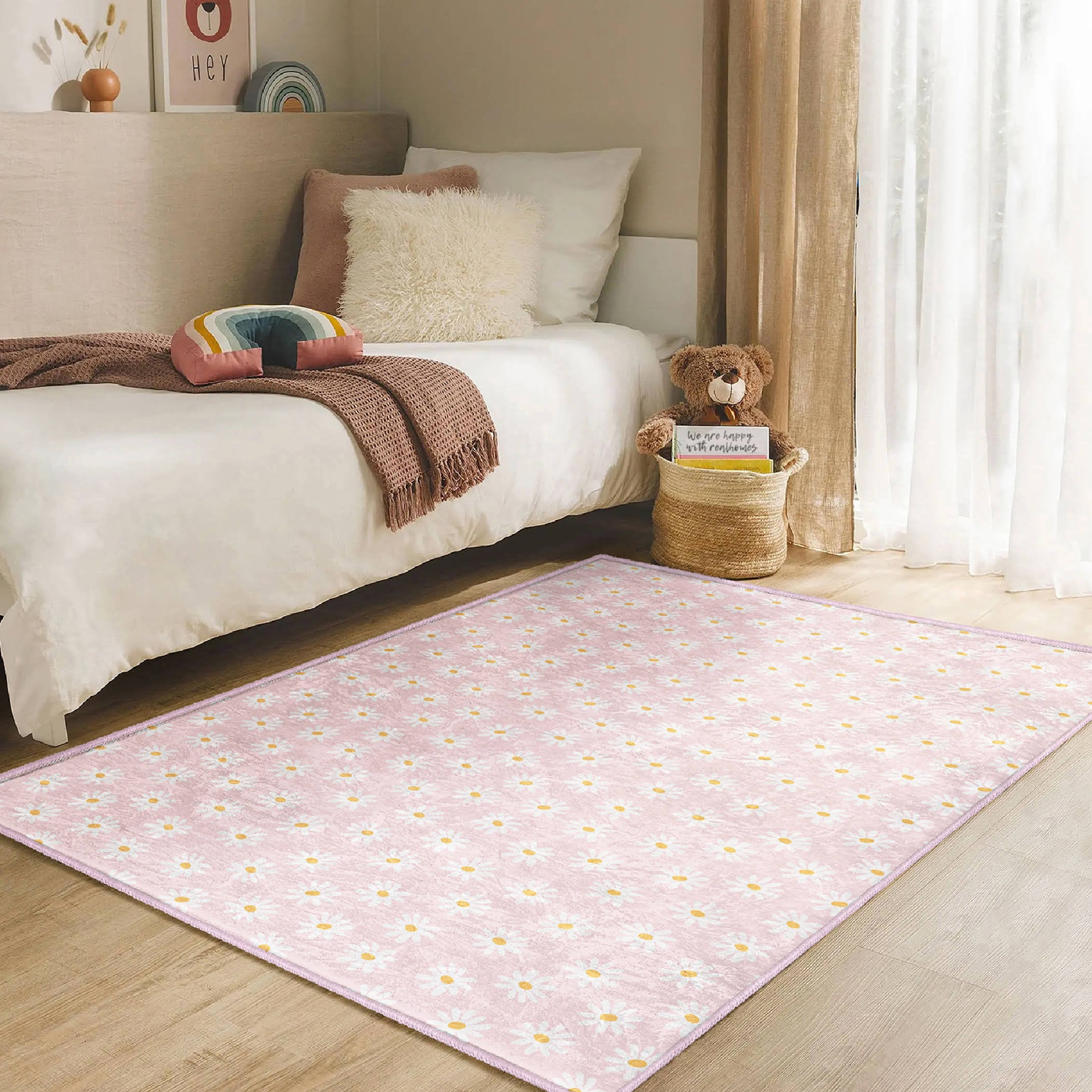 Daisy Pattern Rectangle Rug|floral Area Rug|pink Kids Rug|flowers ...