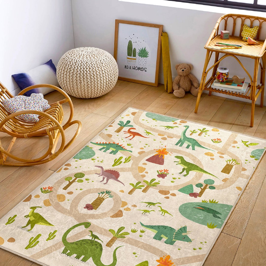 Dinosaurs Themed Washable Kid's Room Rug|forest Road Nursery Play Mat ...